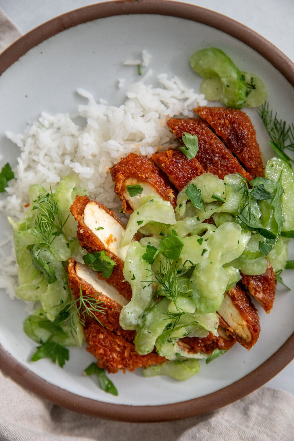 Buffalo Tofu Cutlets with Celery Ranch Slaw - Plant Based RD