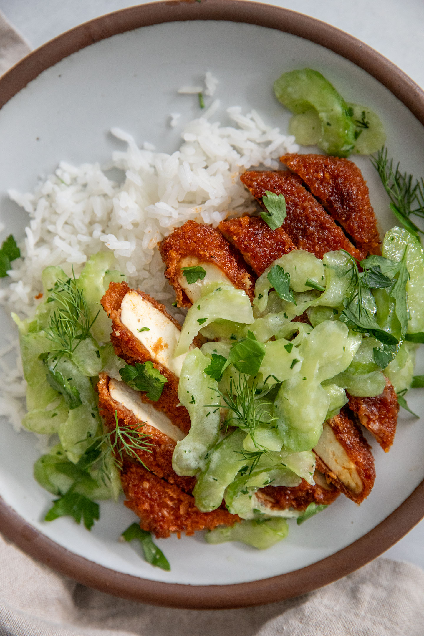 Buffalo Tofu Cutlets with Celery Ranch Slaw - Plant Based RD