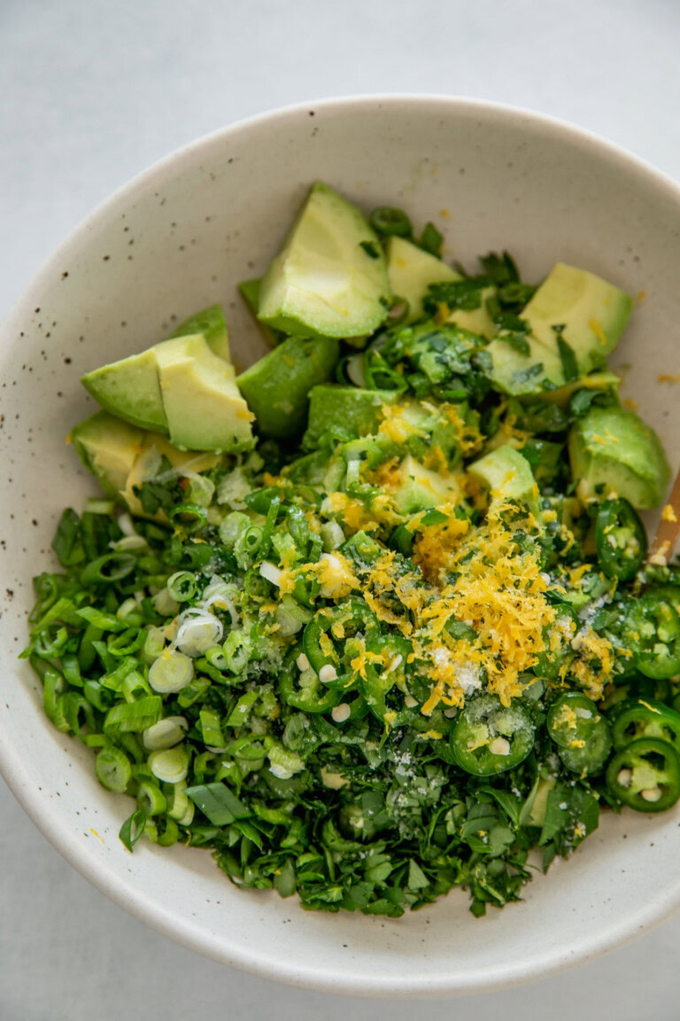 Charred Lemon Brothy Beans with Avocado Scallion Salsa - Plant Based RD