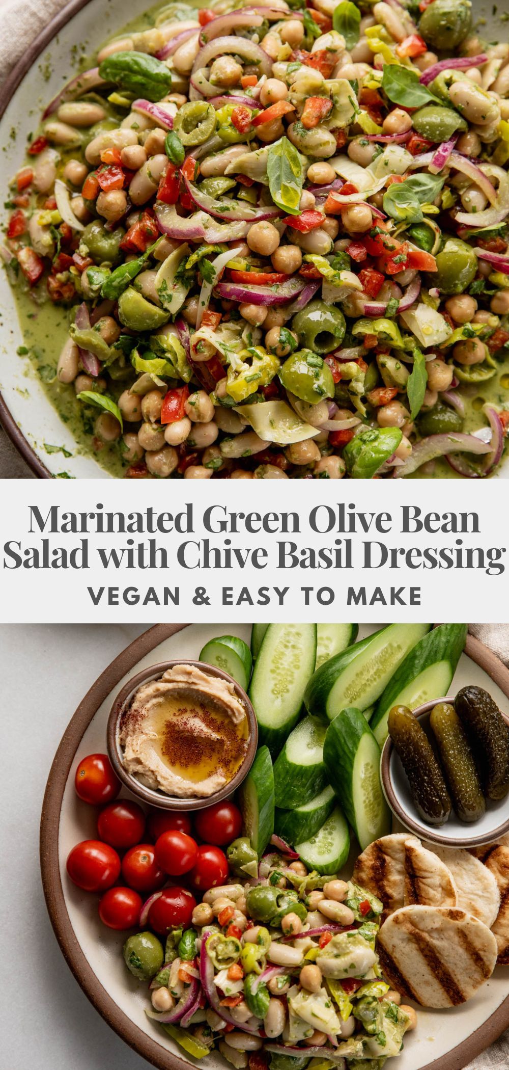 Marinated Green Olive Bean Salad with Chive Basil Dressing - Plant Based RD