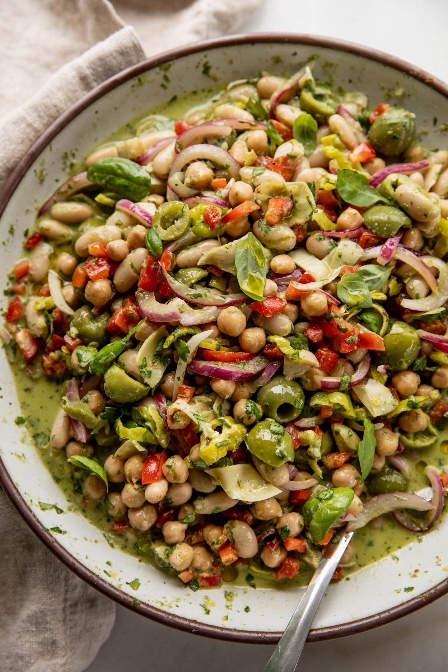 Marinated Green Olive Bean Salad with Chive Basil Dressing - Plant Based RD