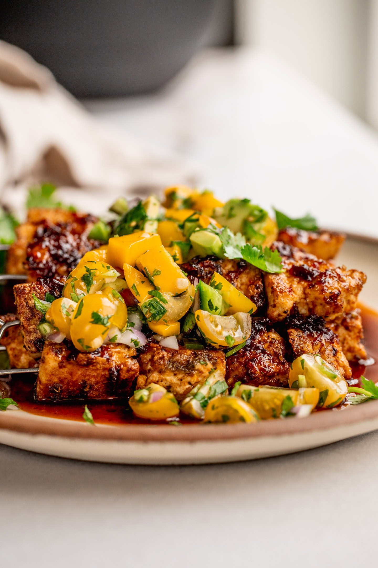 Chipotle Agrodolce Tofu Skewers with Avocado Mango Salsa – Plant Based RD